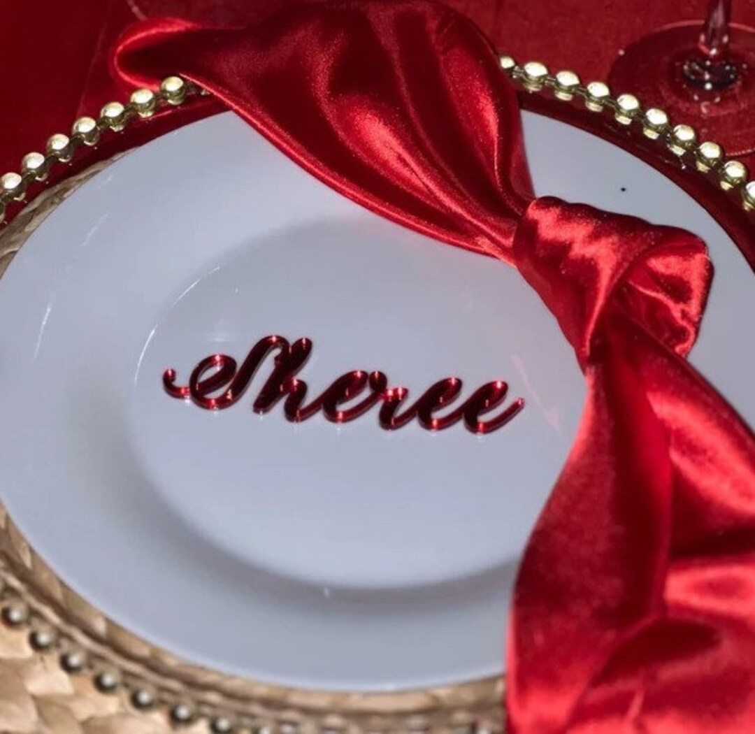 Red Laser Cut Names Red Mirror Wedding Place Cards Mirrored Plate Names ...