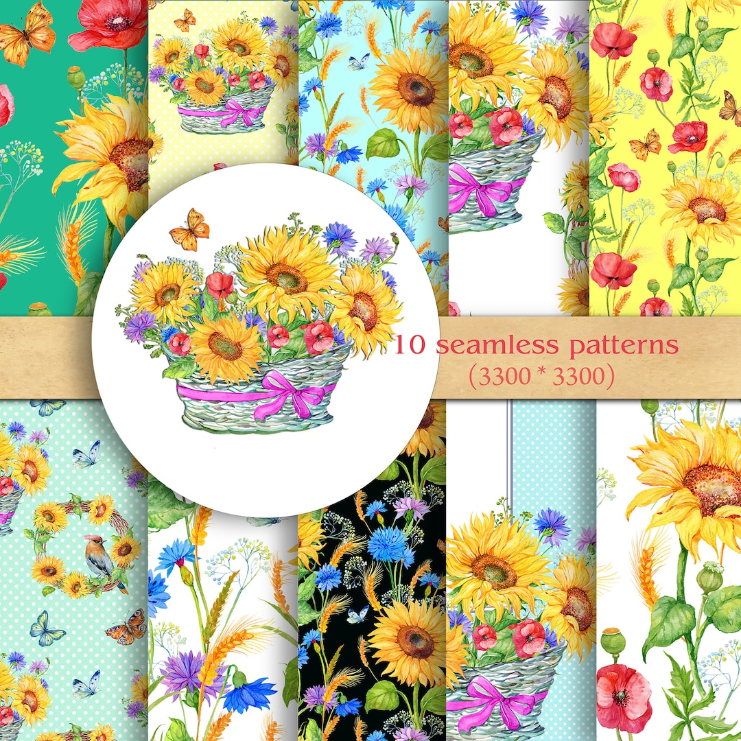 Sunflower Digital Paper, Seamless Sunflower,watercolor Digital Paper ...
