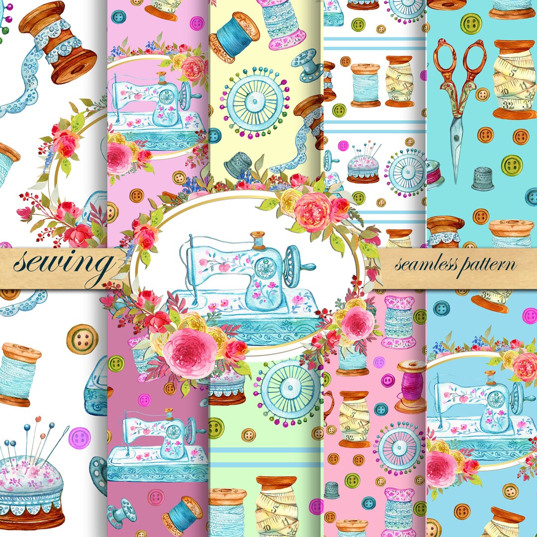 Watercolor Fashion, Sewing, Seamless Patterns, Sewing Machine, Digital ...
