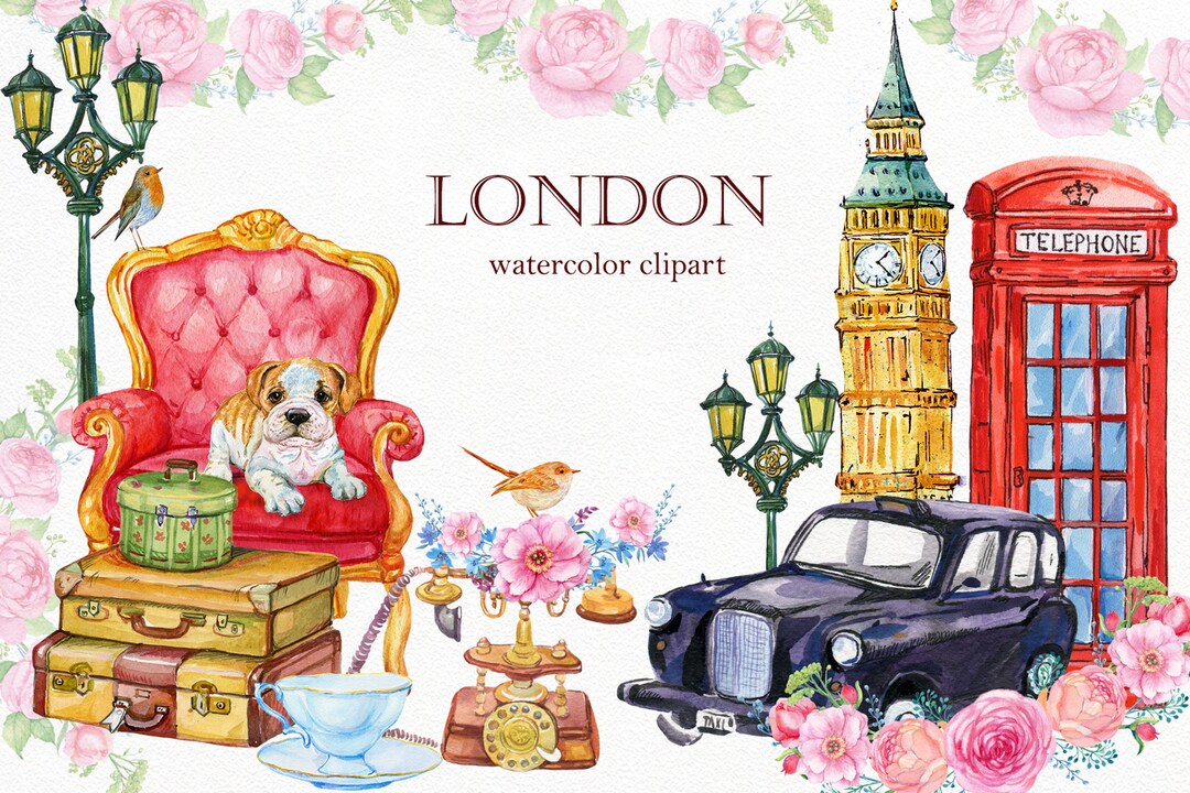 London Clipart Watercolor, Travel Clip Art, Red Telephone Box, Big Ben ...