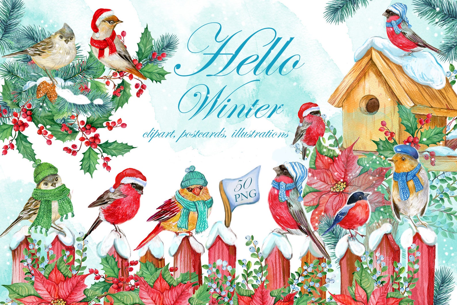 Christmas PNG Clipart Winter Birds Watercolor Christmas - Etsy