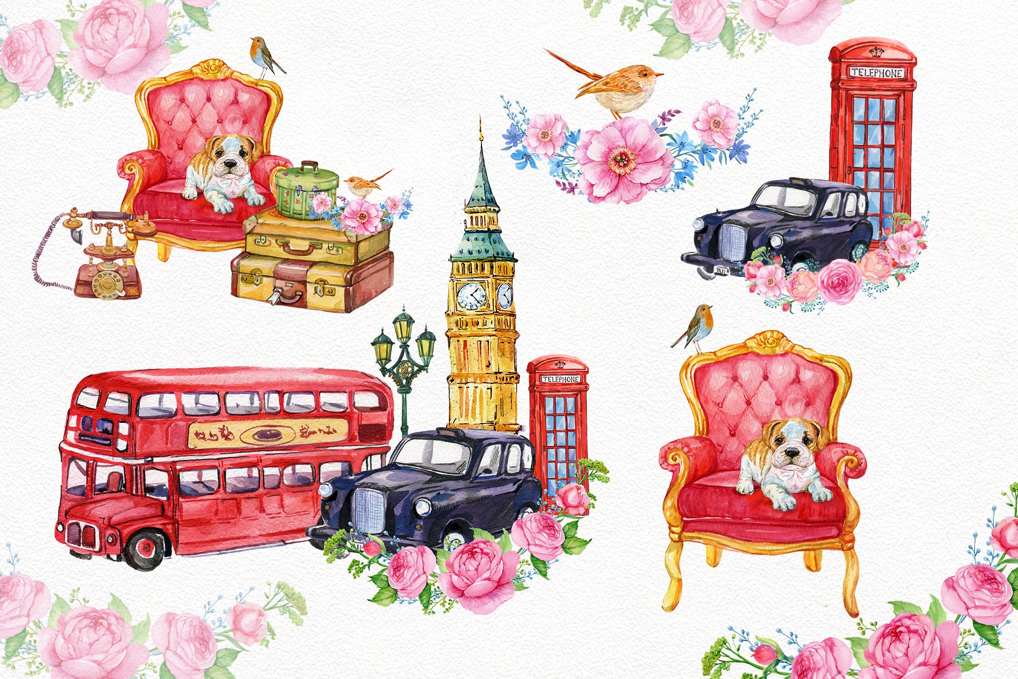 Travel Clip Art London Clipart Watercolor red telephone box Big Ben ...