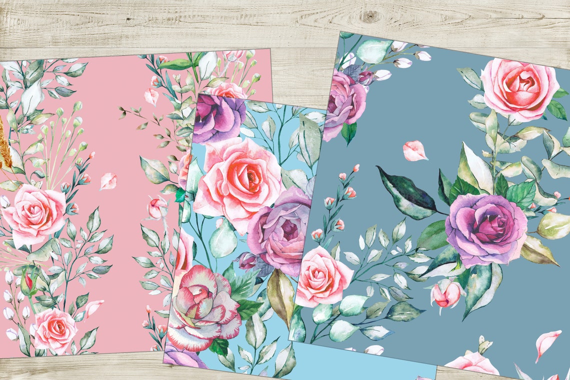 Pink Roses Watercolor Digital Flowers Seamless Pattern - Etsy