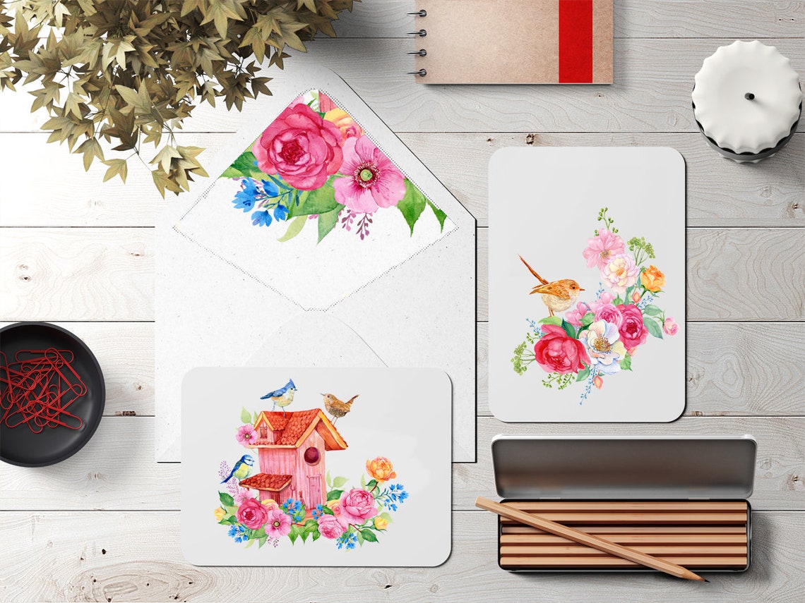 Spring Clipart Birds Floral Arrangements Bird Houses Decor - Etsy