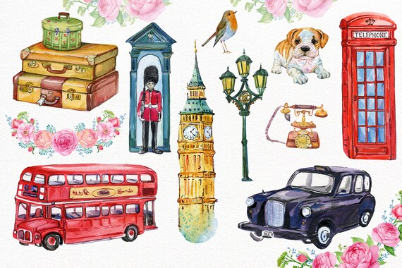 Travel Clip Art London Clipart Watercolor red telephone box Big Ben ...