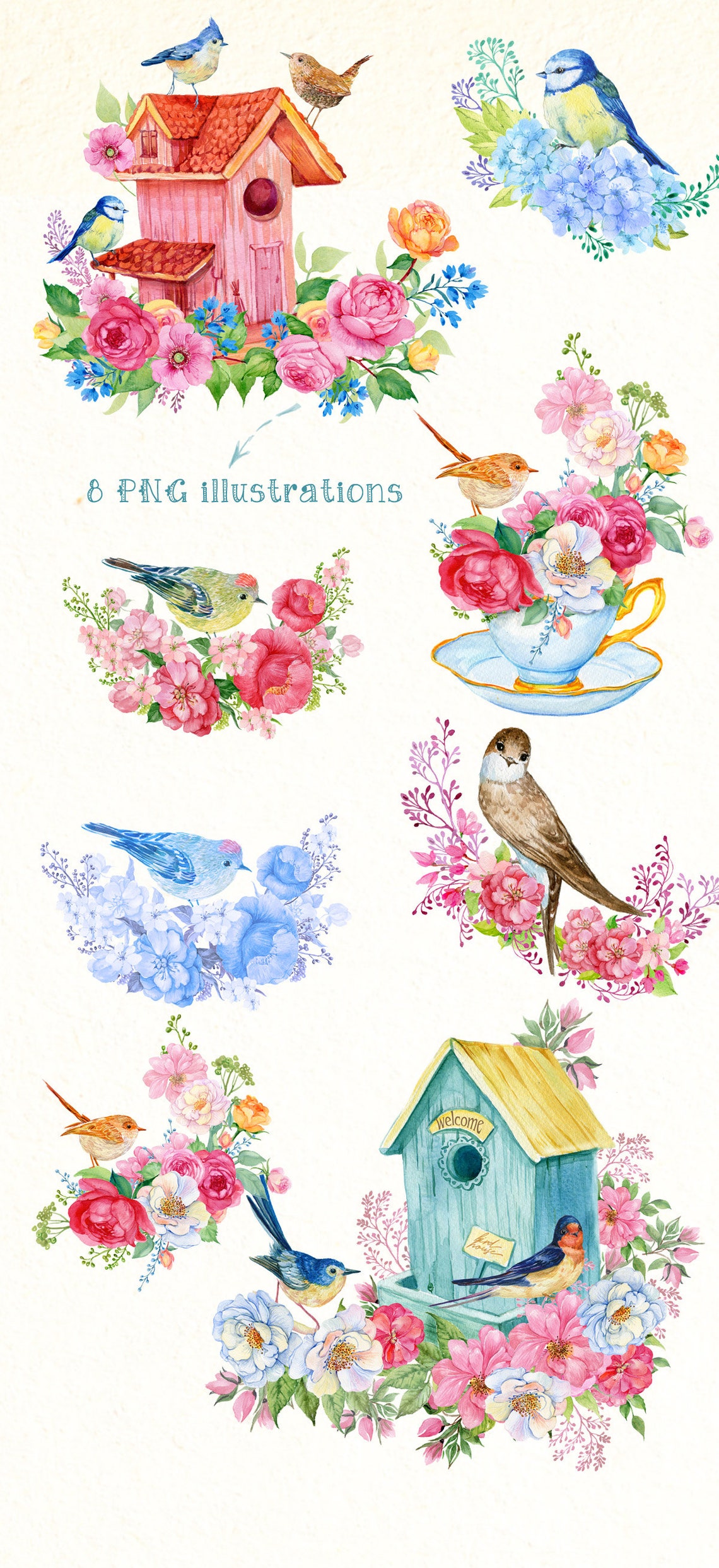 Spring Clipart Birds Floral Arrangements Bird Houses Decor - Etsy