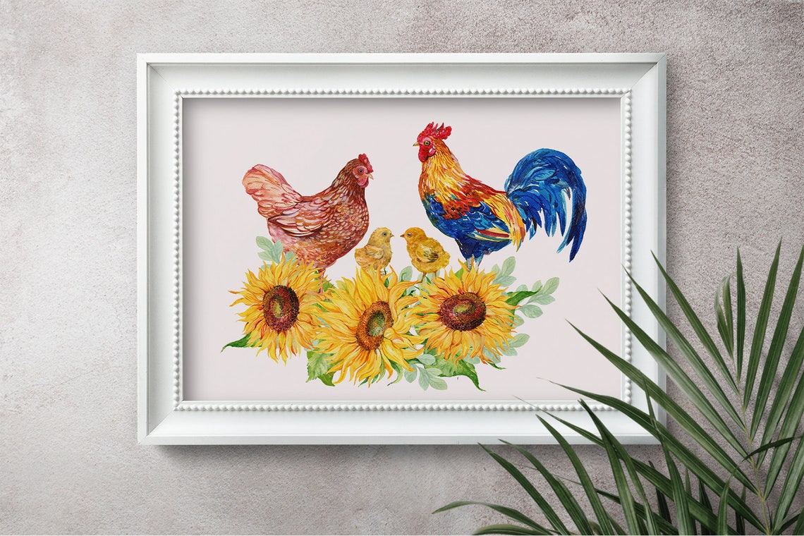 Bird Farm Watercolor Clipart 16 PNG Hen rooster Chick | Etsy