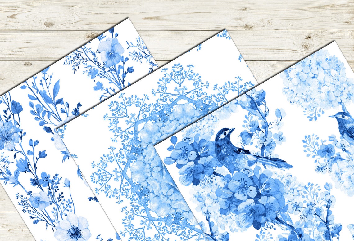 Blue Seamless Pattern Watercolor Floral Digital Paper 12 12 - Etsy