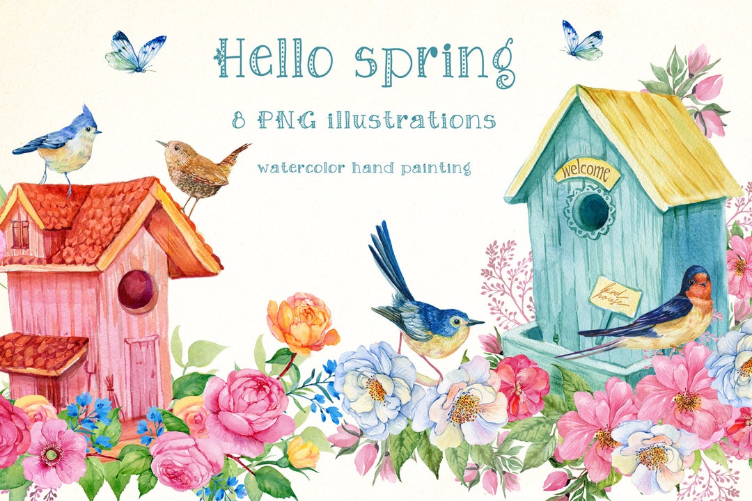 Spring Clipart, Birds, Floral Arrangements, Bird Houses, Decor for ...