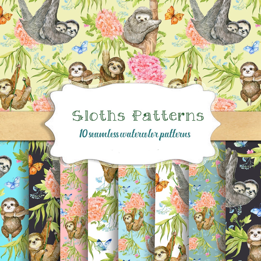 Sloths Seamless Patterns.paper Pack, Animal Pattern,watercolor, Digital ...