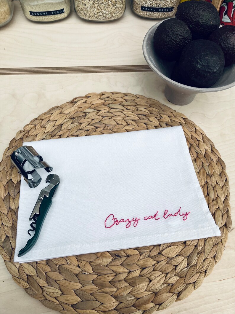 Personalised Hand Embroidered Slogan Tea Towel White 100% Cotton Tea ...