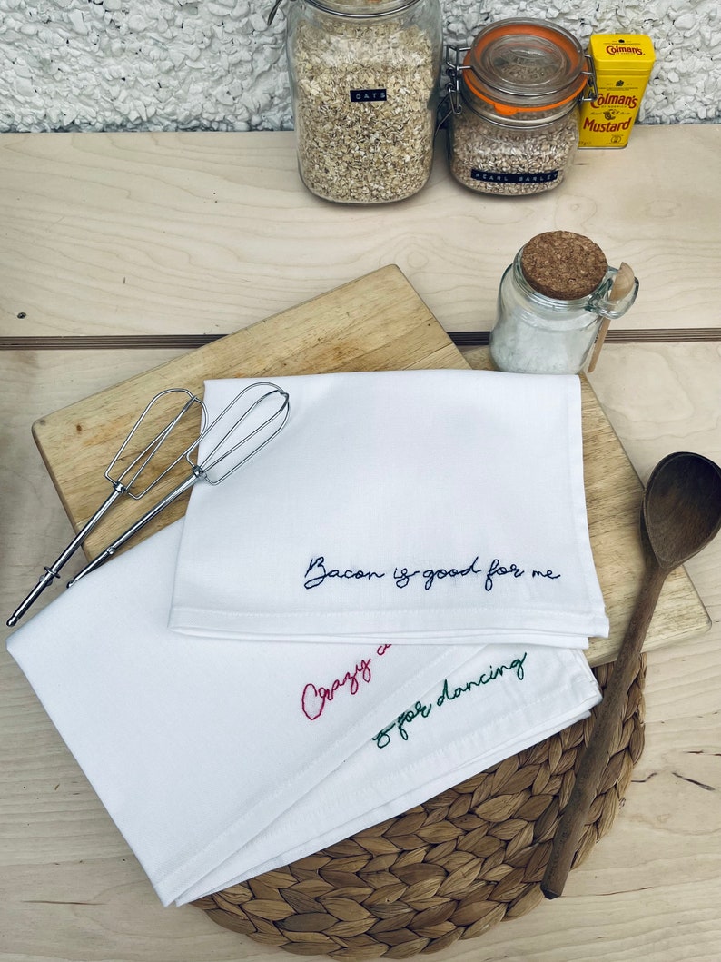 Personalised Hand Embroidered Slogan Tea Towel White | 100% Cotton Tea ...