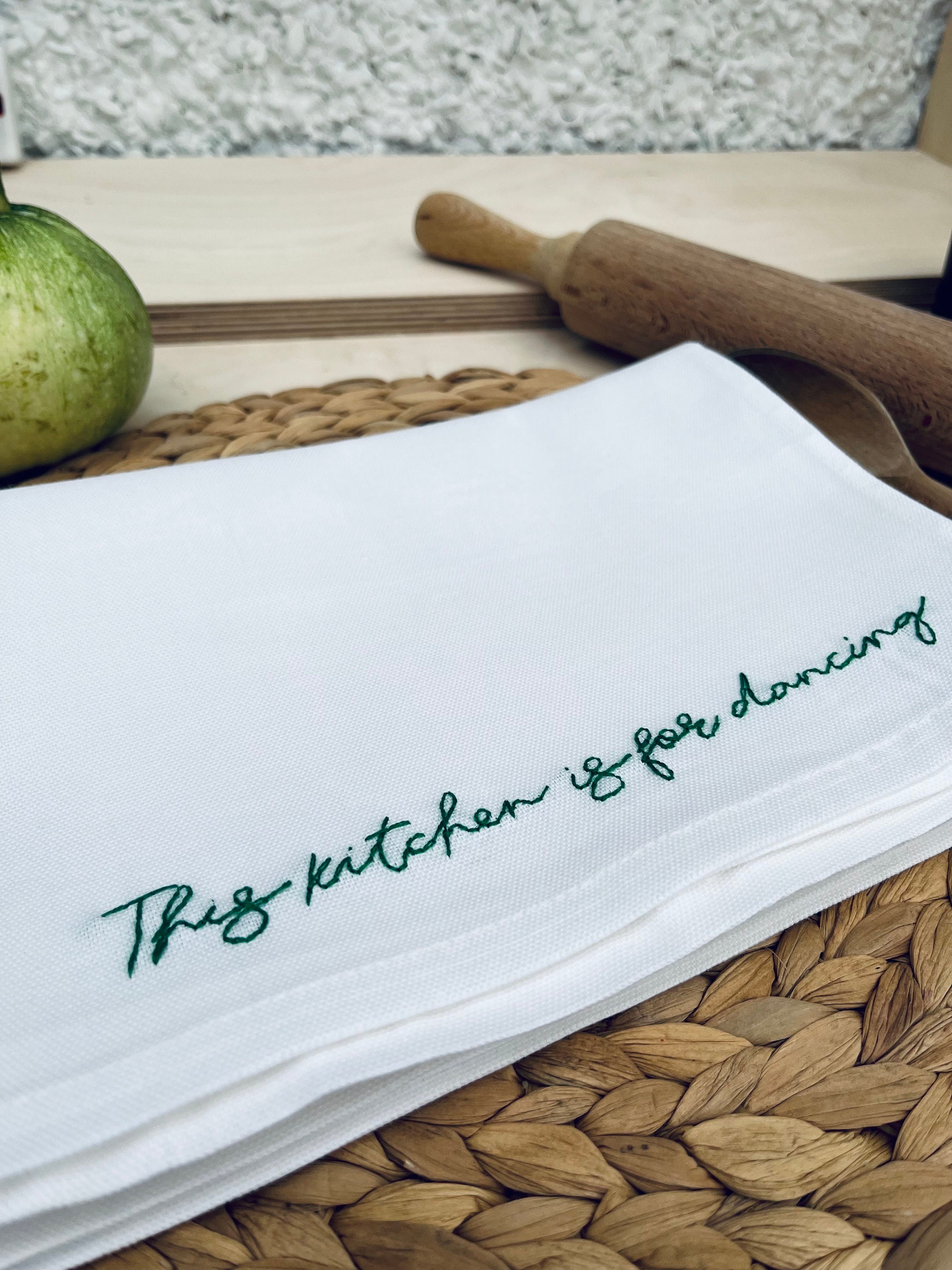 Personalised Hand Embroidered Slogan Tea Towel White 100% Cotton Tea ...