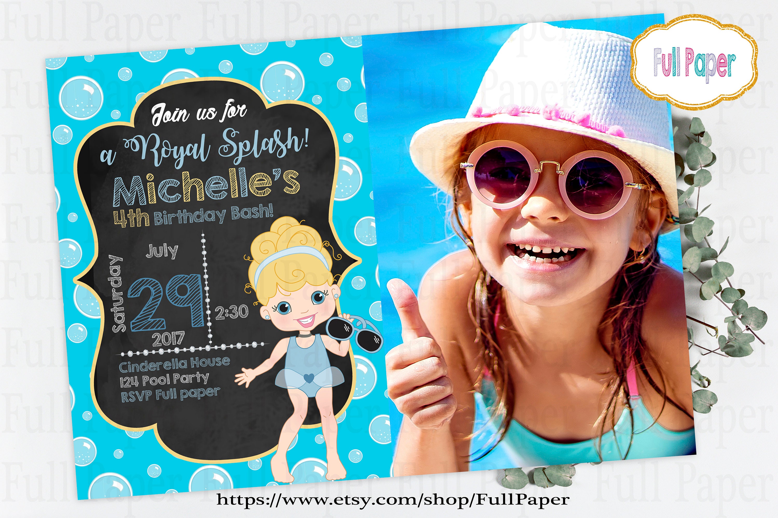 Cinderella Pool Party Invitation With Photo Royal Splash Invitation ...