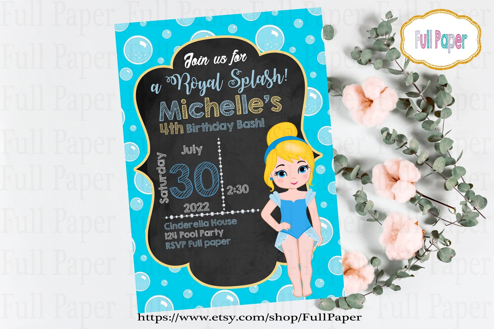 Princess Pool Party Invitation, Pool Party Birthday, Cinderella ...