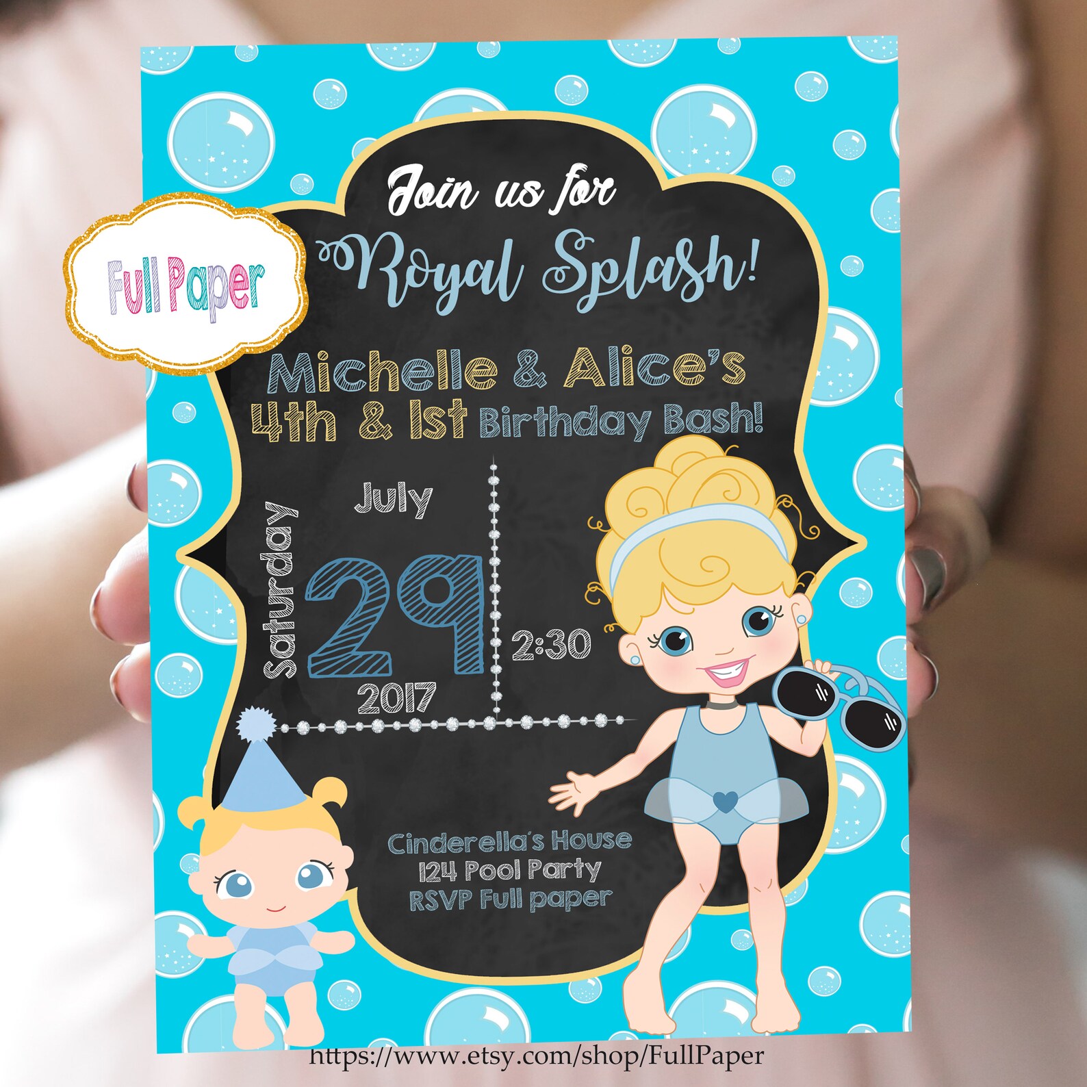 Princess Pool Party Invitation, Pool Party Birthday, Cinderella ...