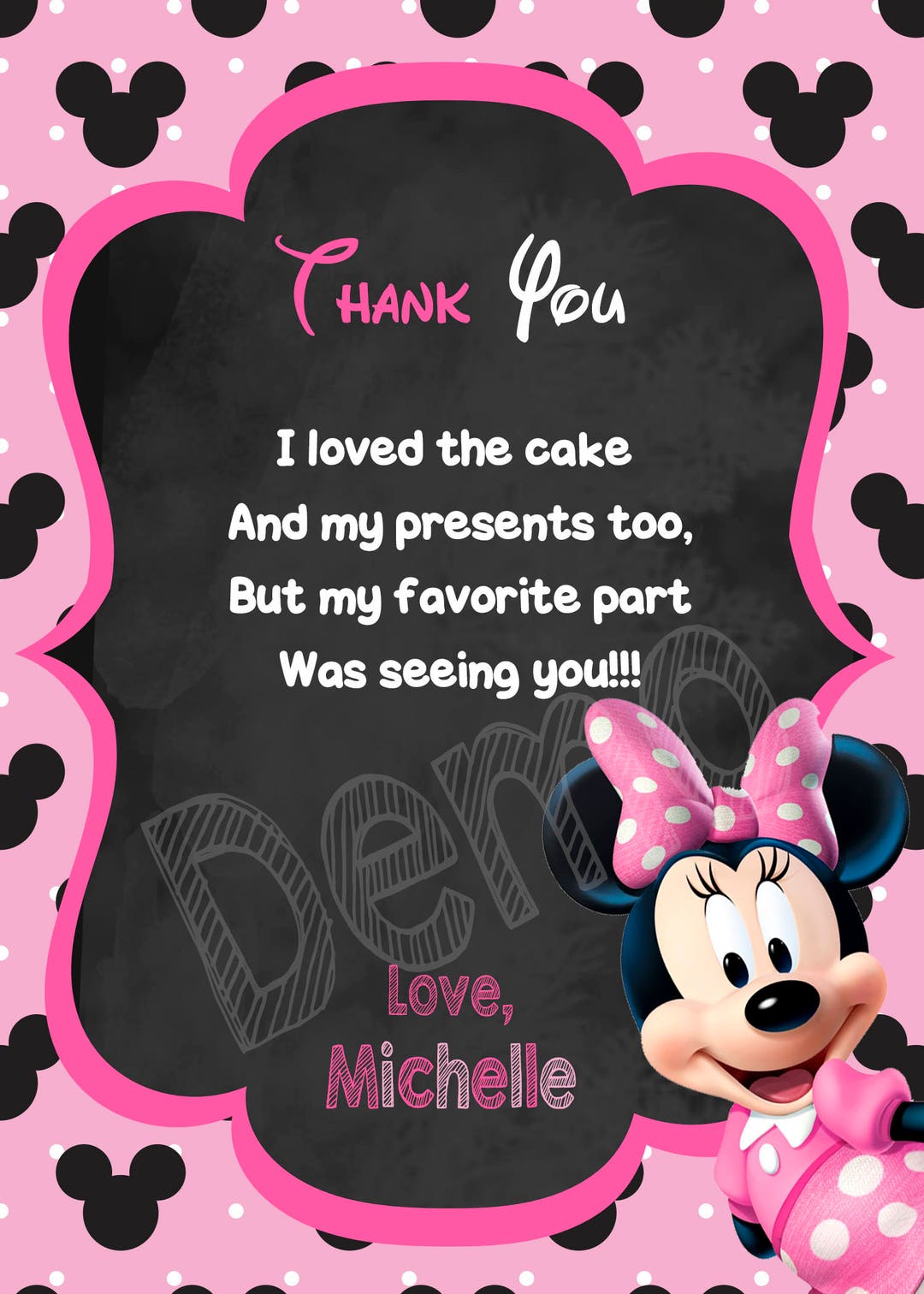Minnie Mouse Pink Thank You Card-minnie Card-minnie Party-minnie ...