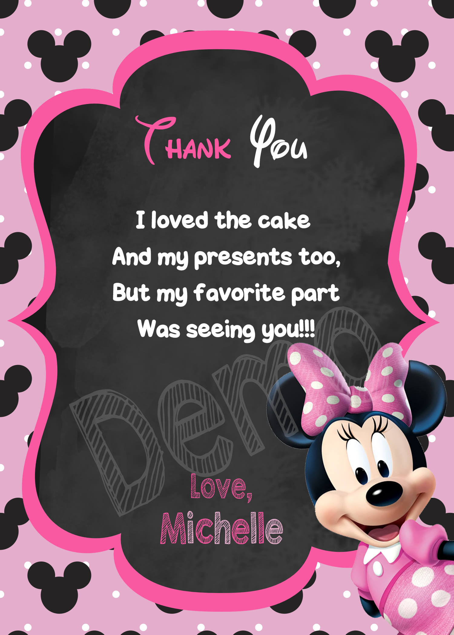 Minnie Mouse Pink Thank You Card-minnie Card-minnie Party-minnie ...