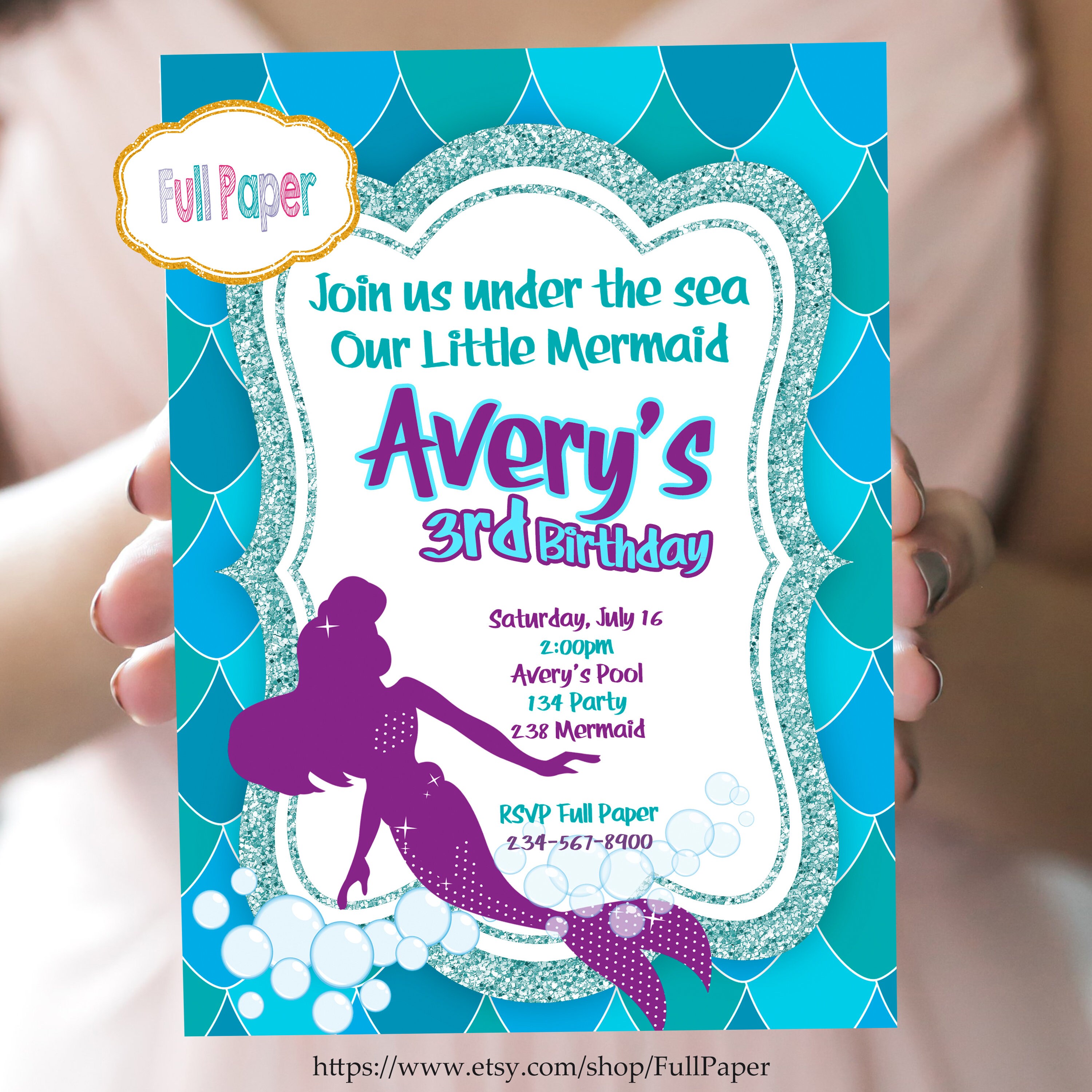 Mermaid Invitation Princess-mermaid Under the Sea-pool Party Invite ...
