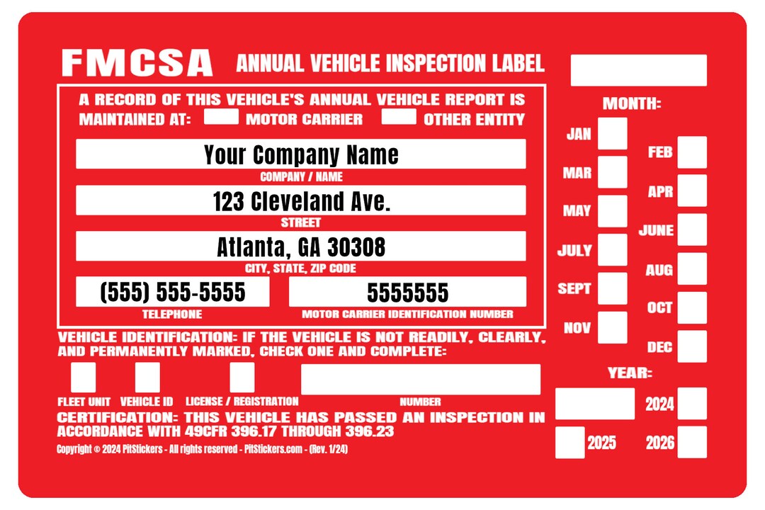 Personalized FMCSA Annual Vehicle Inspection Label Customized With Your ...