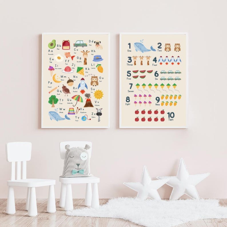 Alphabet & Numbers Nursery Prints: Educational Wall Art (digital ...