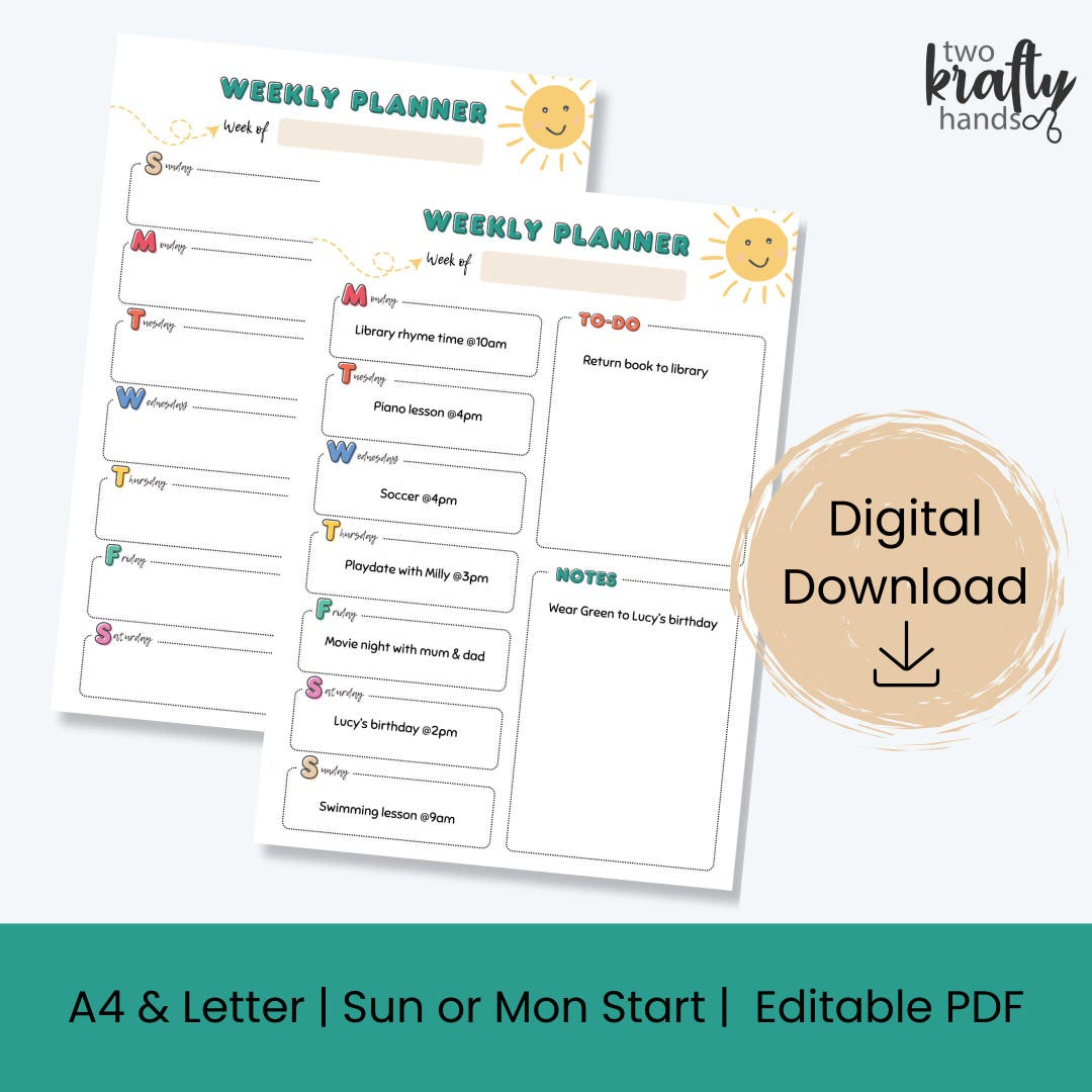 Editable Kids Weekly Planner, Colorful Printable, A4 Letter (digital ...