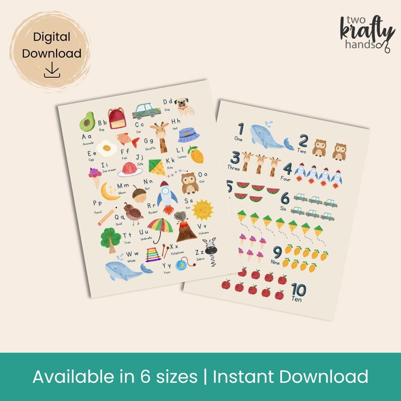 Poster imprimable ABC 123 pour enfants, téléchargement immédiat, lot de ...