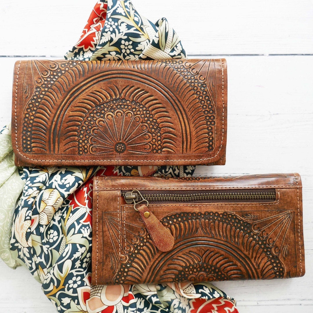 Tooled Leather Wallet Women: Vintage Style Boho Purse - Etsy