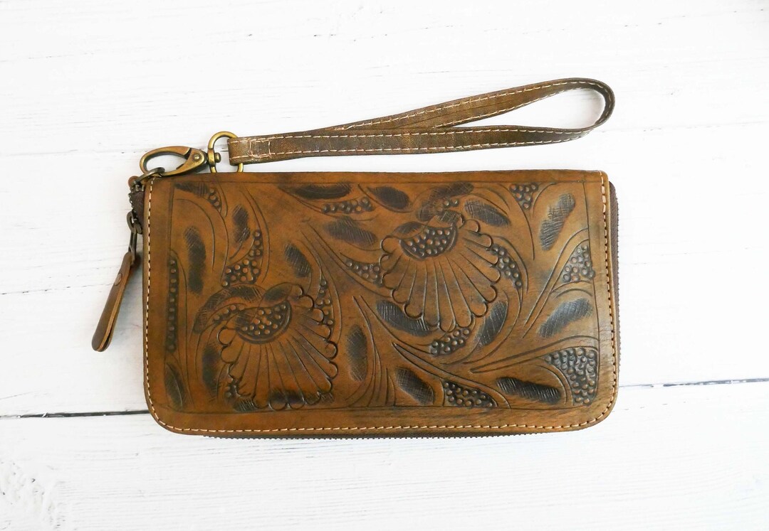 Tooled Leather Zip Around Clutch Wallet: Boho Cowhide, Mothers Day ...