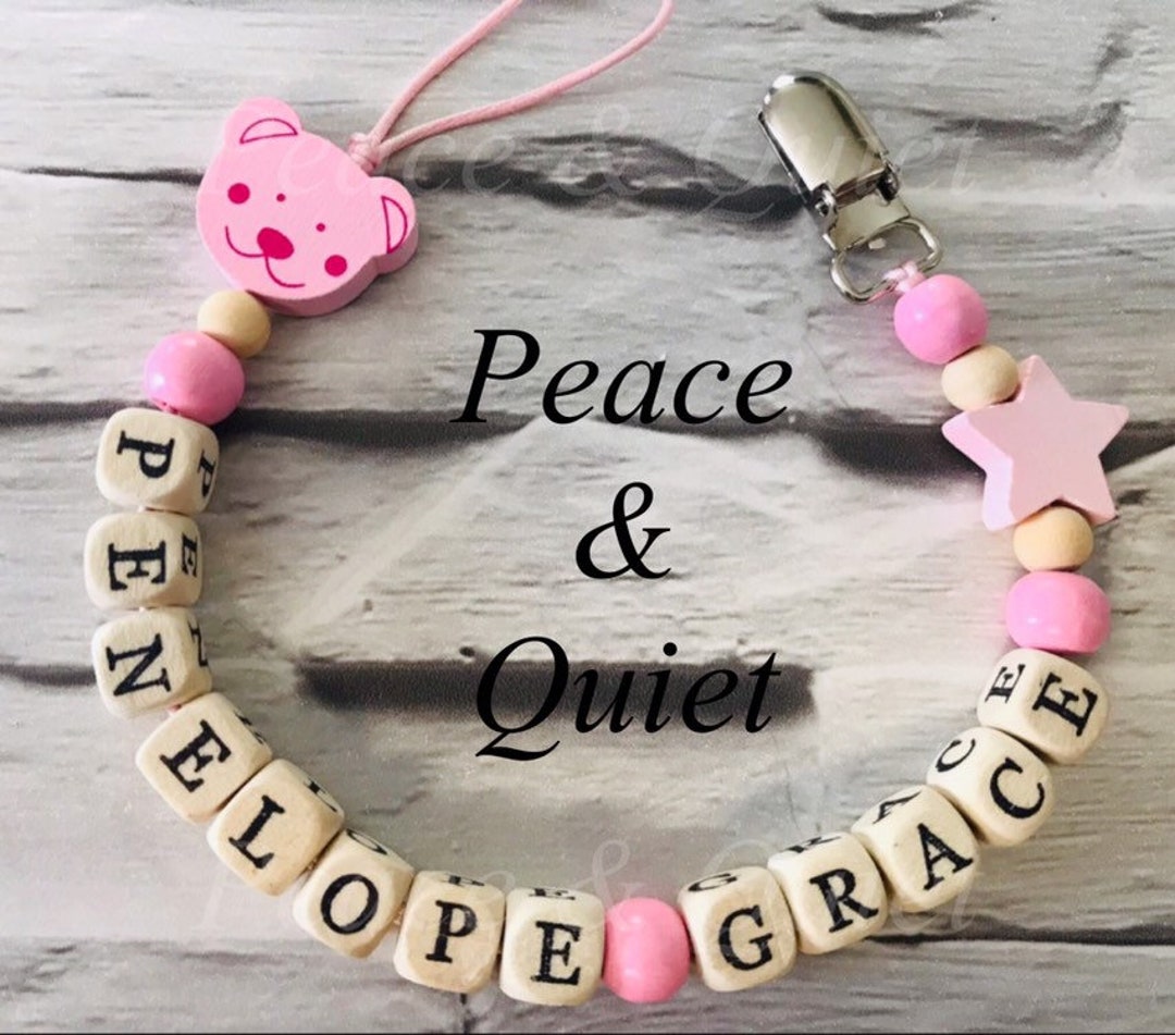 Long name Beautiful handmade Personalised dummy clip, wooden dummy ...