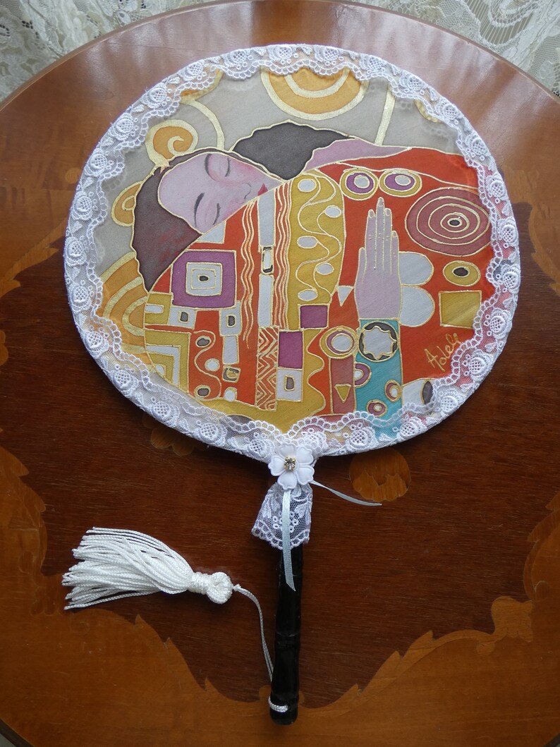 Silk Painted Fan the Waiting by Klimt Round Fan Painted on Silk - Etsy