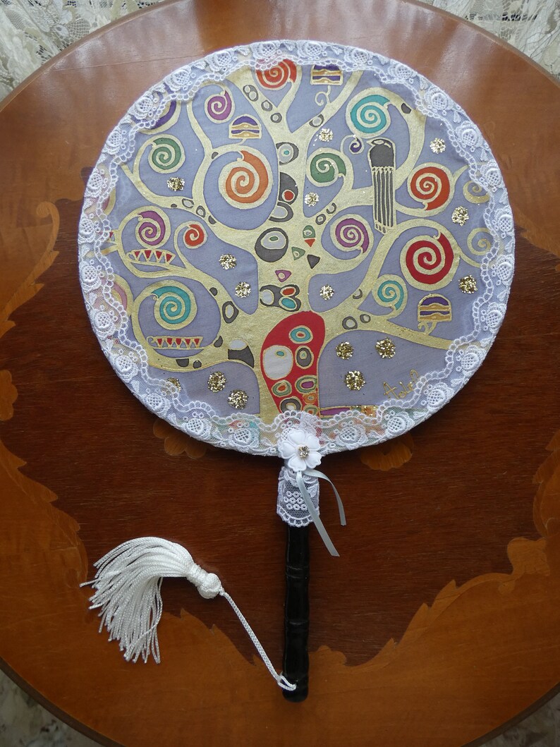 Silk painted fan The Waiting by Klimt Round fan painted on | Etsy