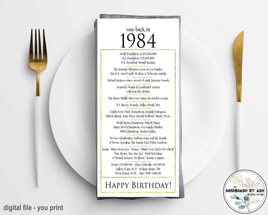 1984 Birthday Table Place Cards, Happy 40th Birthday Gift for Her, 40th ...
