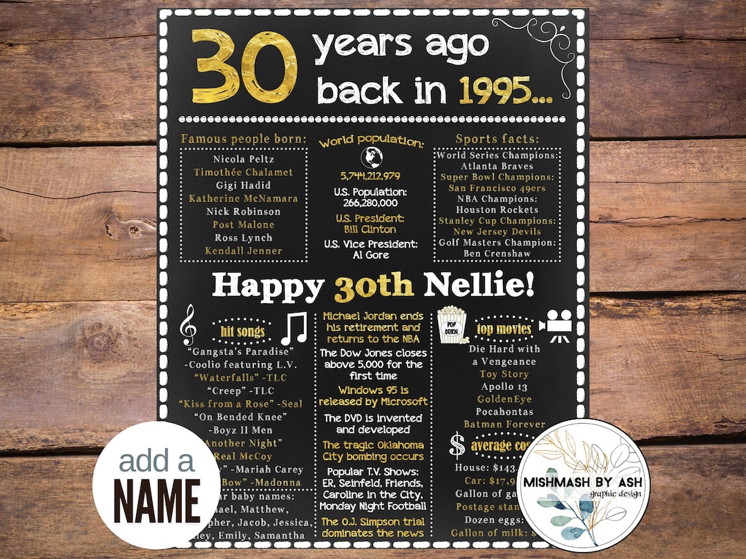 30th Birthday Gift Idea, 1995 Birthday Sign, Back in 1995, Happy 30th ...