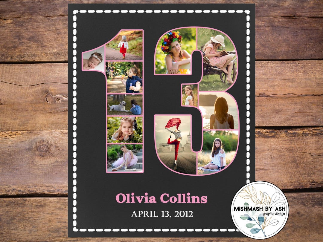 Digital 13th Birthday Photo Collage Gift, 13th Birthday Sign, 13th ...