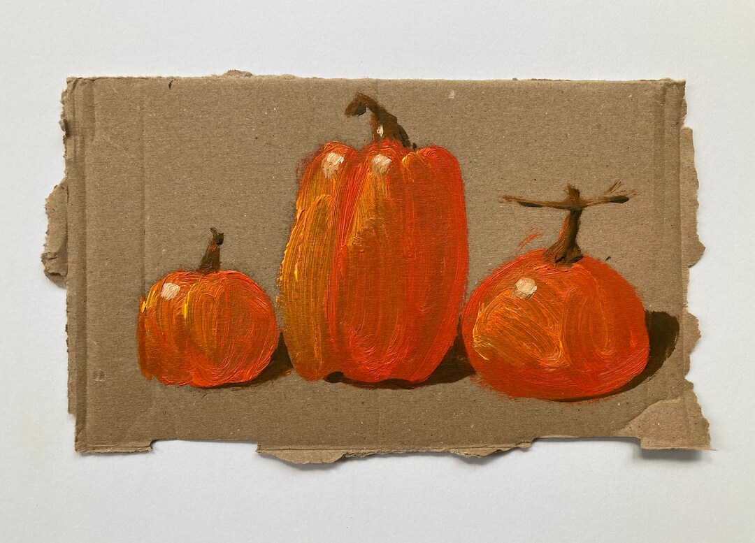 Small Painting on Cardboard, “pumpkins”, Oil Original Painting, Wall ...