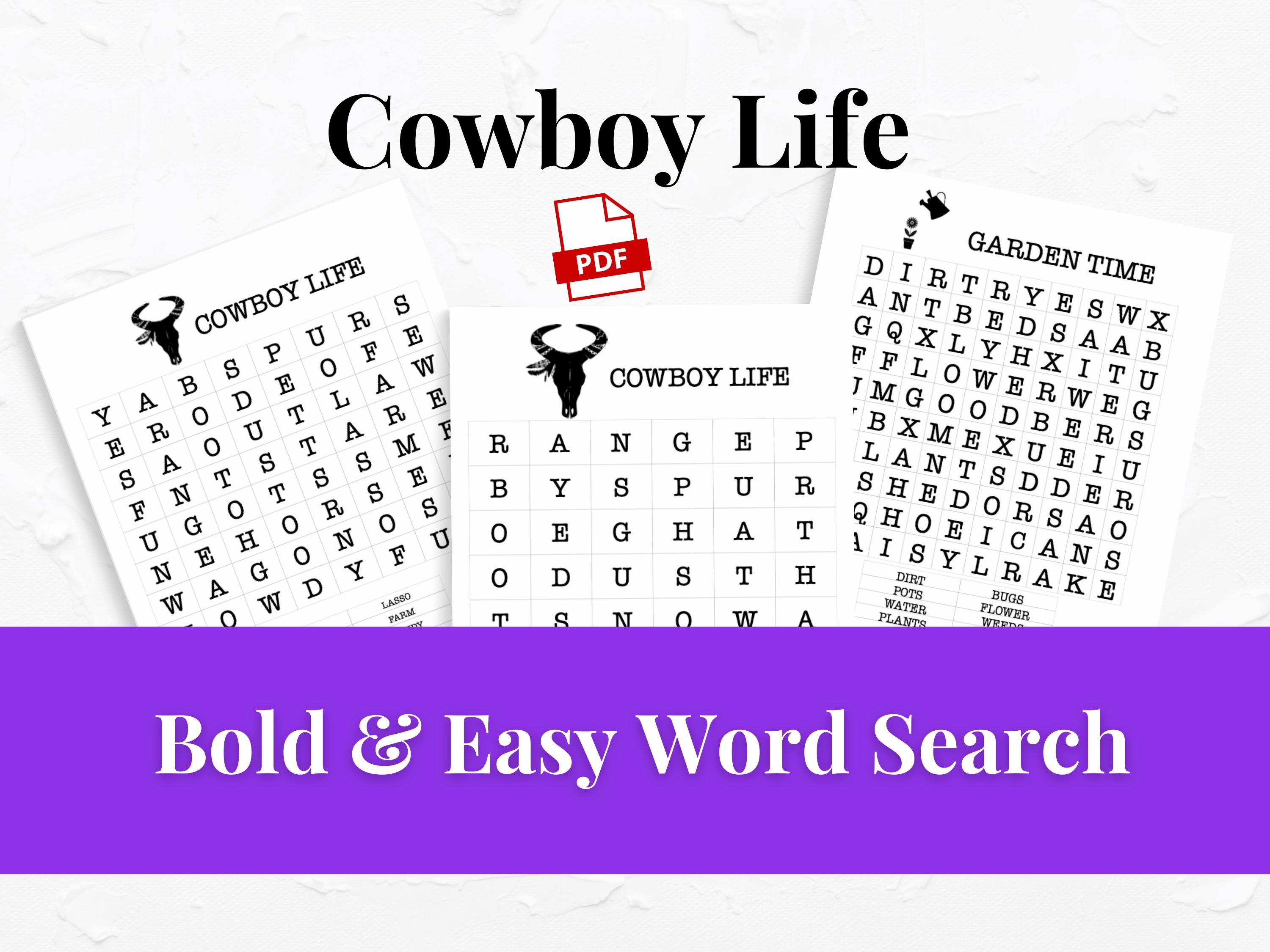Dementia Activities COWBOY Printable Word Find Puzzles- Simplified ...