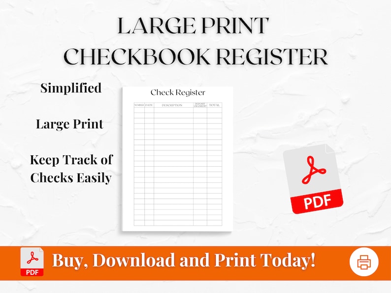 Best Large Print Checkbook Register, Printable Check Register, Perfect ...