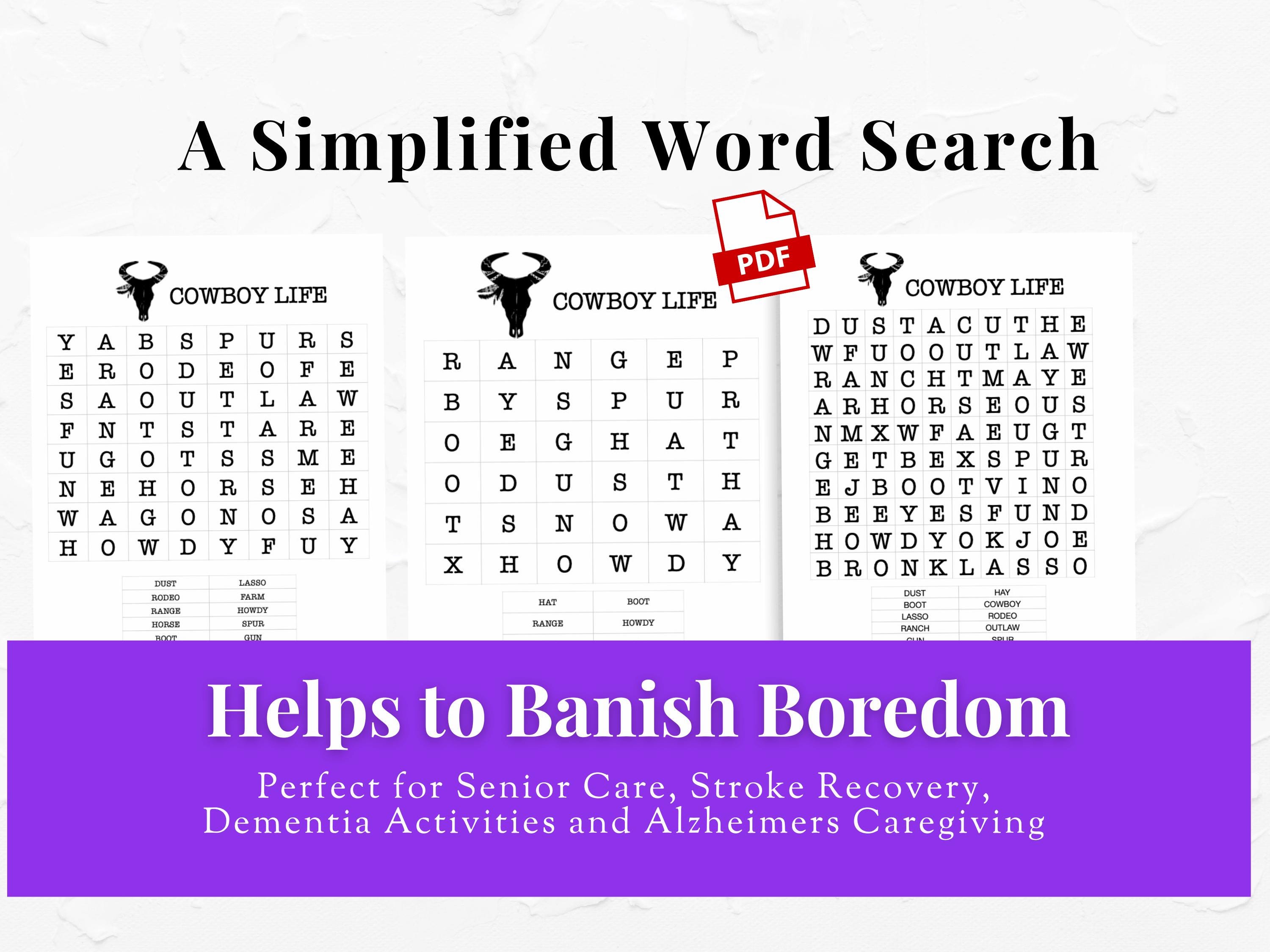 Dementia Activities COWBOY Printable Word Find Puzzles- Simplified ...