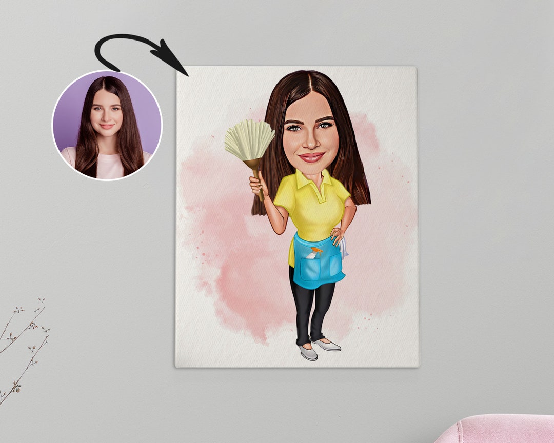 Personalized Cleaner Cartoon Portrait Canvas, Gift for Cleaner, Cleaner ...