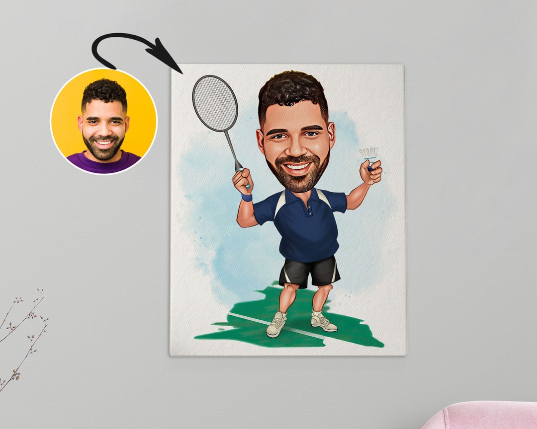 Personalized Badminton Player Cartoon Portrait Canvas, Badminton Player ...