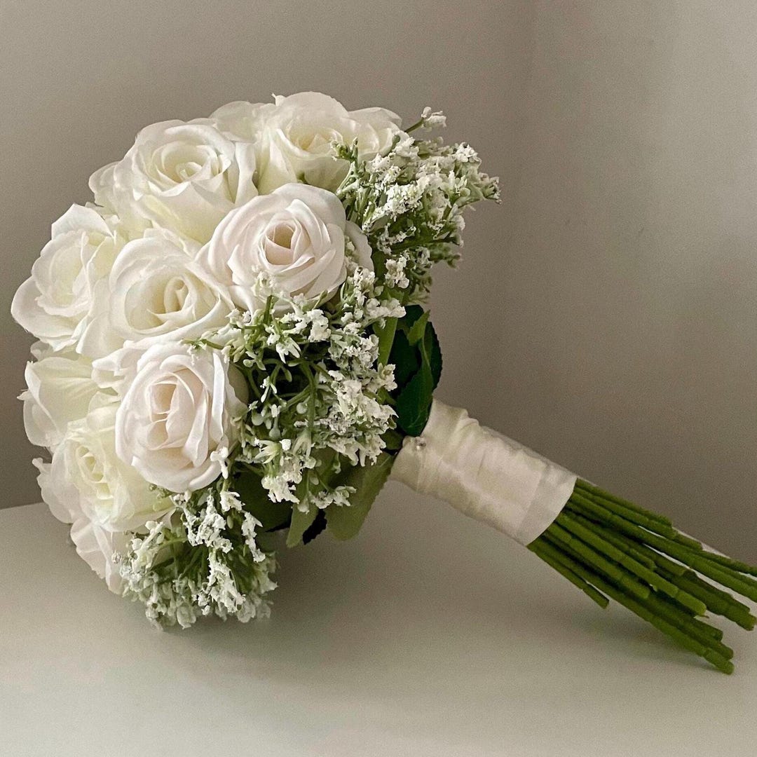 Ivory Rose Wedding Bouquets: Silk Roses & Gypsophila, Wedding Flowers ...