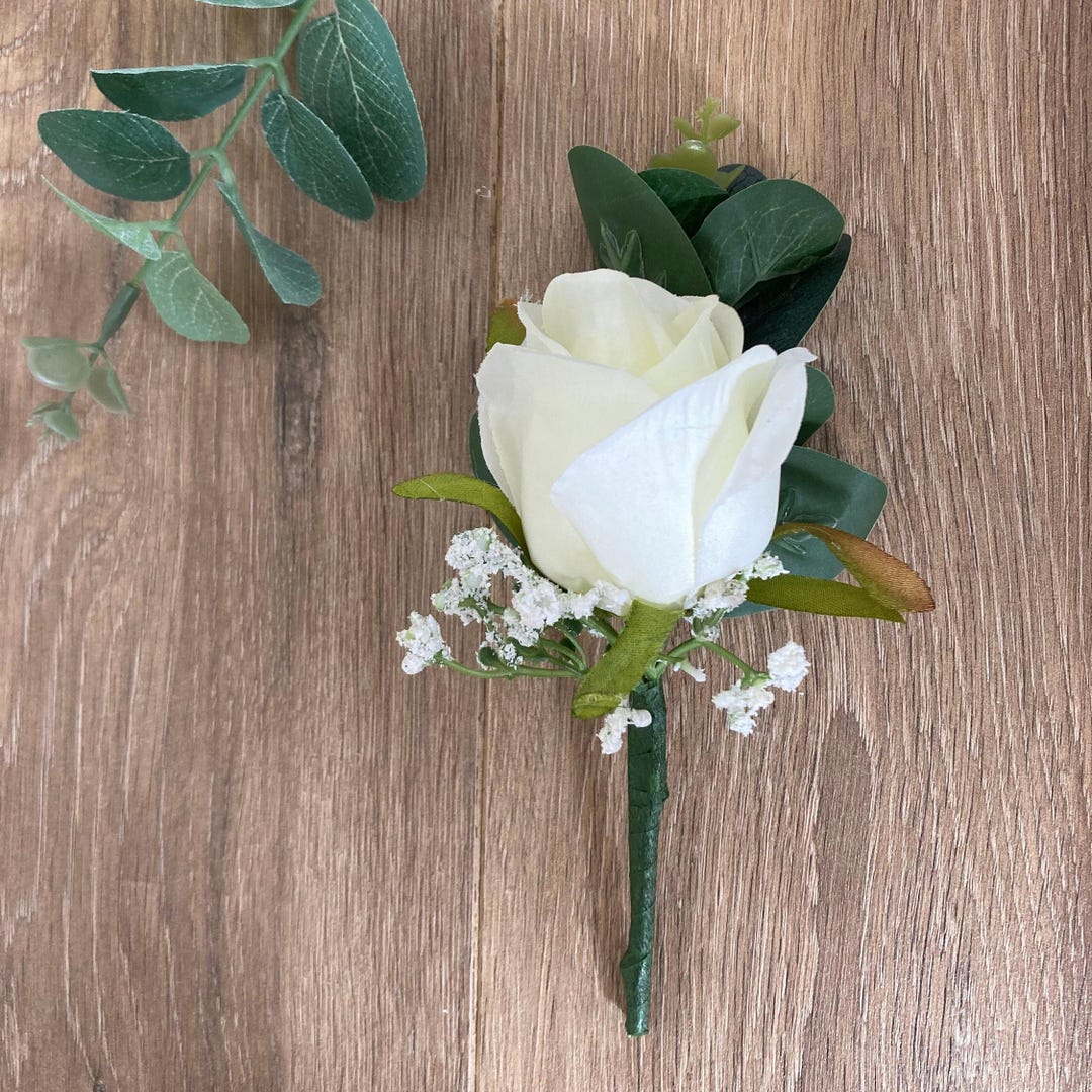Buttonholes,boutonnières, Artificial Ivory Buttonhole With Eucalyptus ...