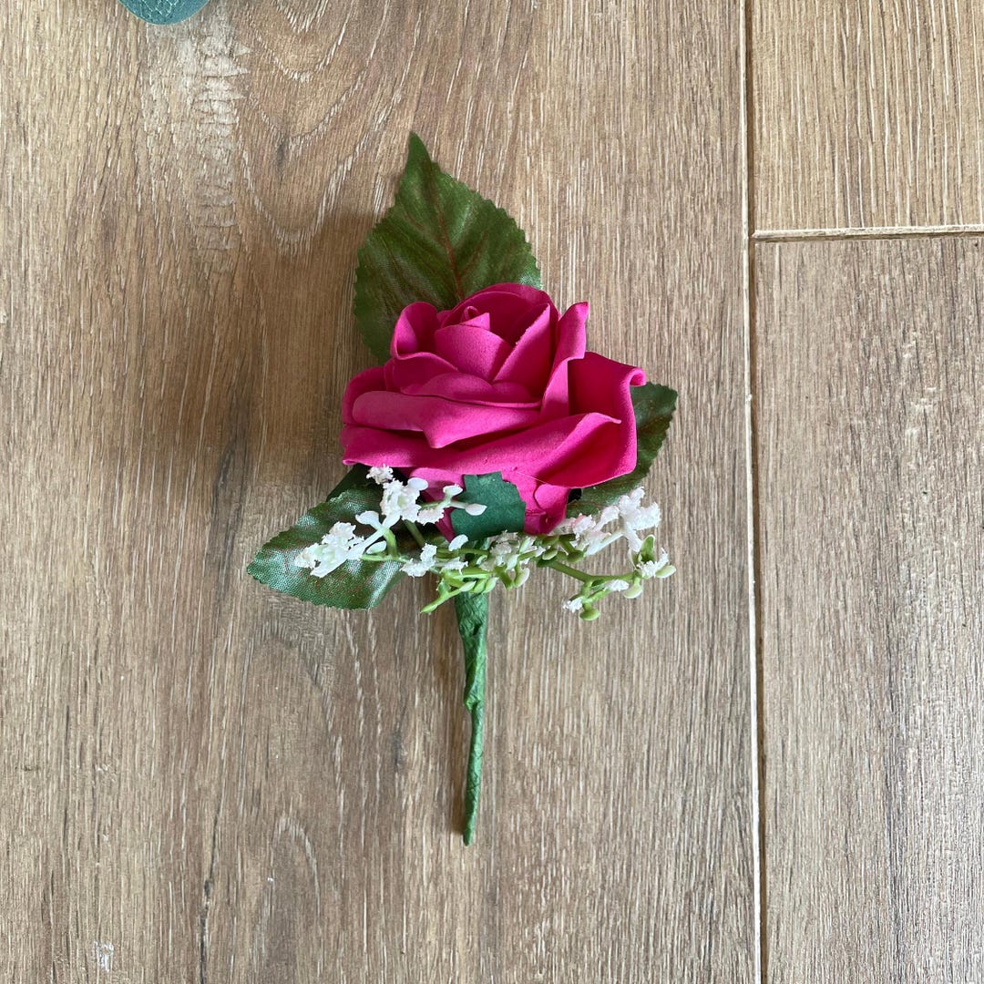 Hot Pink Rose Buttonhole: Wedding Groom Boutonniere With Gypsophila ...