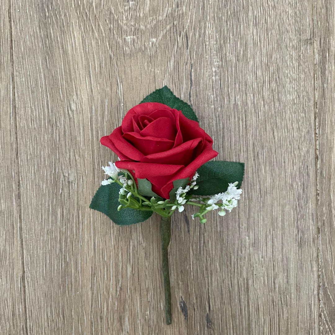 Ruby Red Rose Buttonhole: Wedding Groom Boutonniere With Gypsophila - Etsy