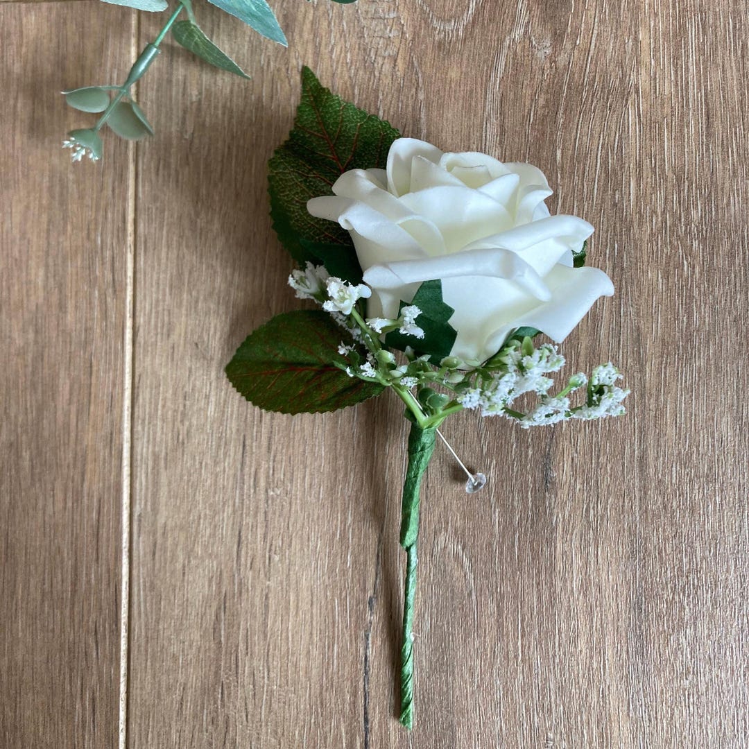Ivory Rose Buttonhole: Wedding Groom Boutonniere With Gypsophila - Etsy UK