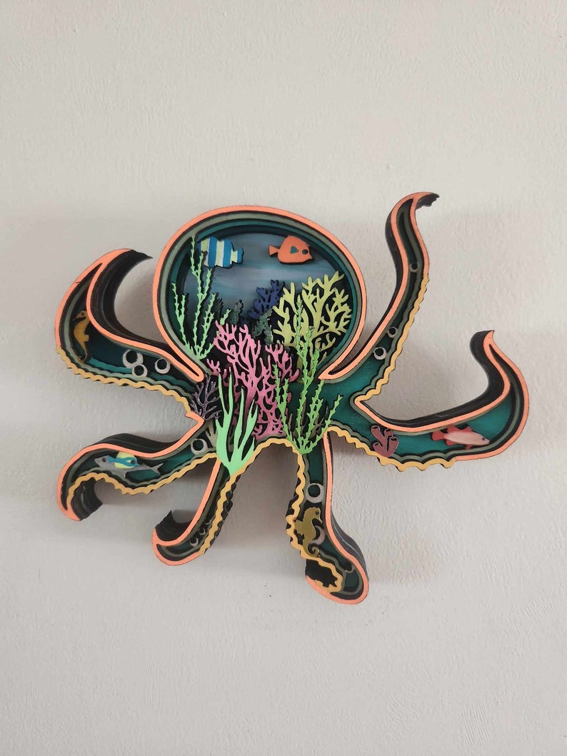 Laser Cut and Hand Painted Layered Wooden Octopus. Wall Art, Shelf Art ...