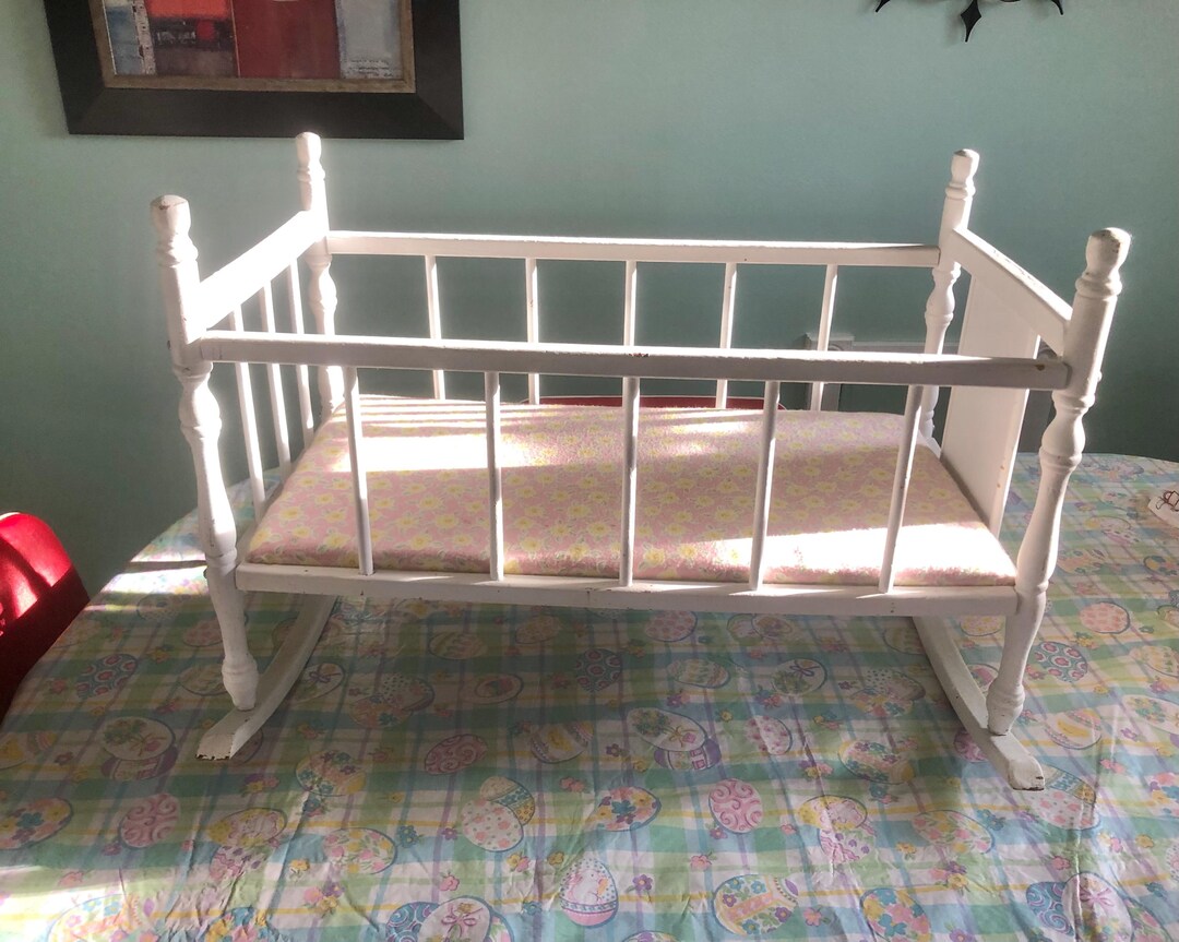 Vintage Baby Doll Rocking Cradle Toy Crib Wooden Painted White 26" X 14 ...