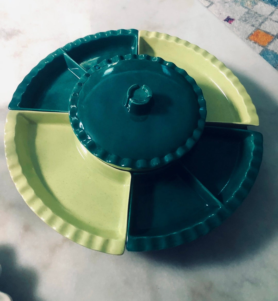 California Pottery Lazy Susan Serving Chip and Dip MCM Green and Citron ...