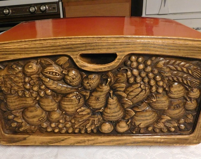 Vintage Metal Bread Box/ Orange With Faux Wood Grain Fruit Front - Etsy